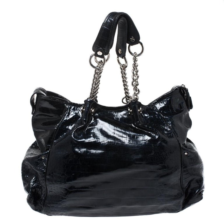 Versace Midnight Blue Croc Patent Leather Chain Tote at 1stDibs