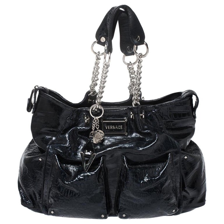 Versace Midnight Blue Croc Patent Leather Chain Tote at 1stDibs