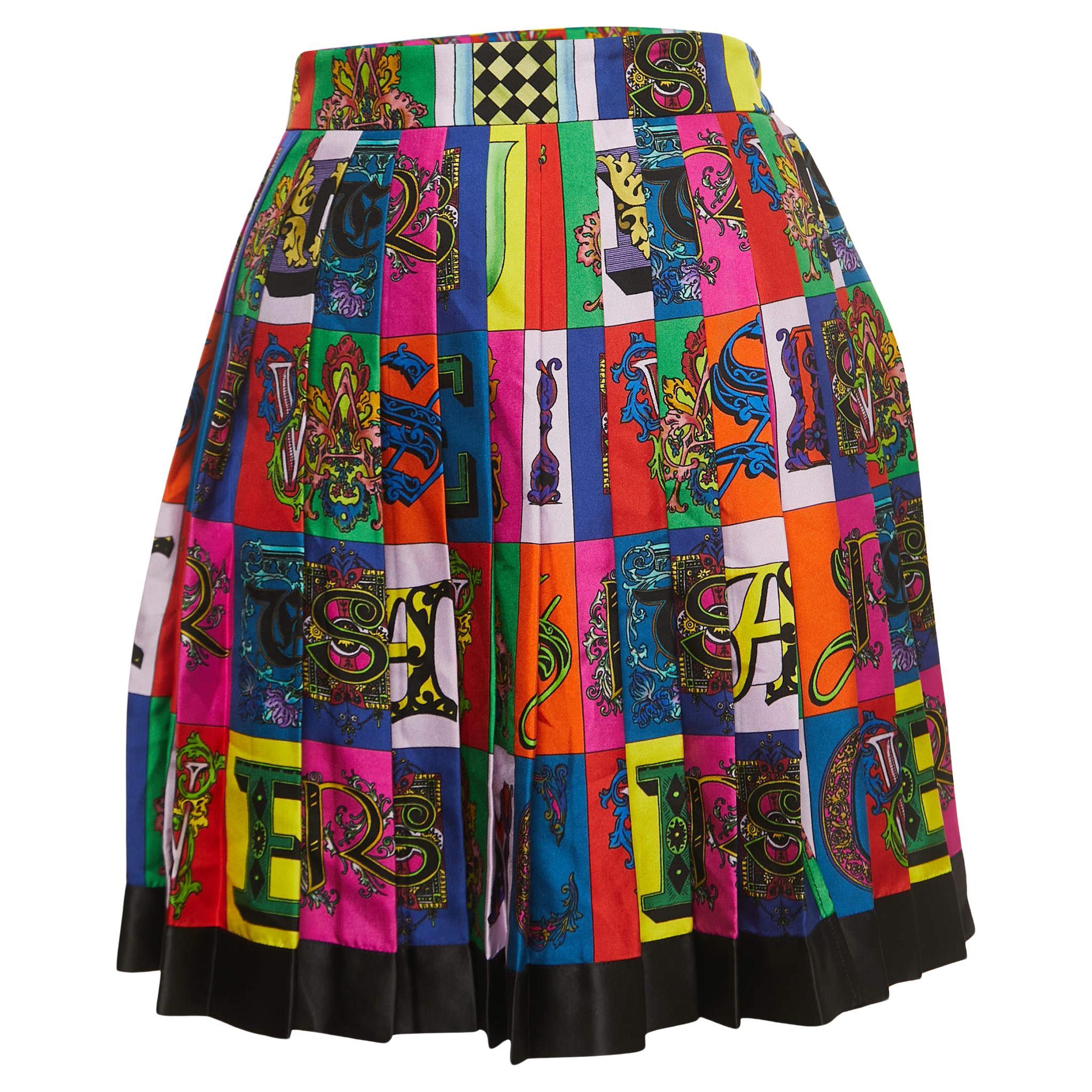 Versace Multicolor Alphabet Print Silk Pleated Mini Skirt M For Sale at ...