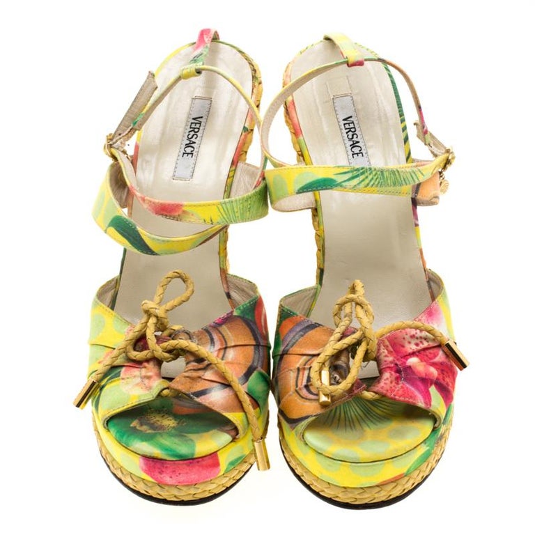 Versace Multicolor Printed Satin Espadrille Wedge Platform Sandals Size ...