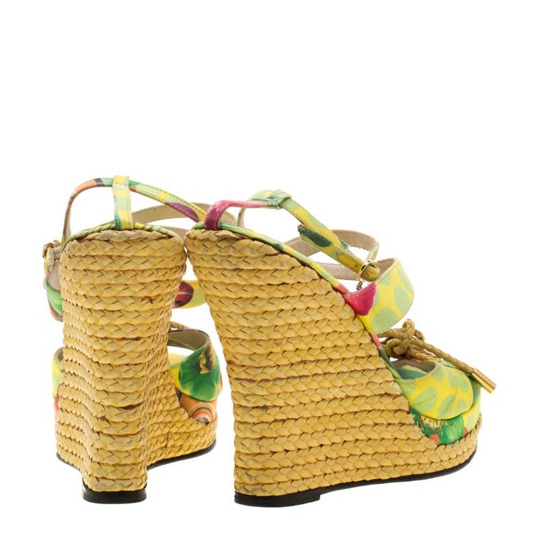 Versace Multicolor Printed Satin Espadrille Wedge Platform Sandals Size ...