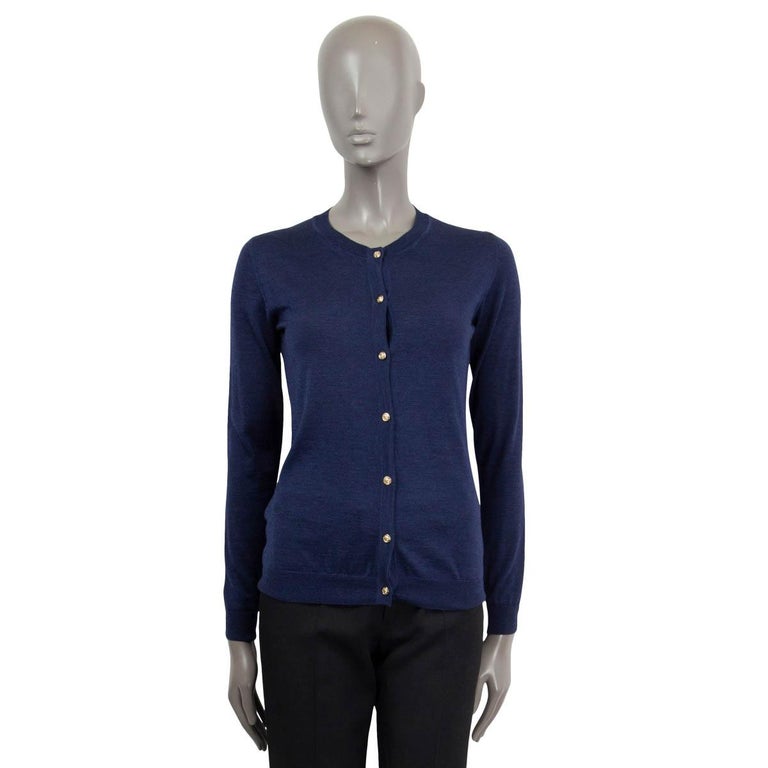VERSACE navy blue cashmere and silk BUTTON FRONT CREWNECK Cardigan ...