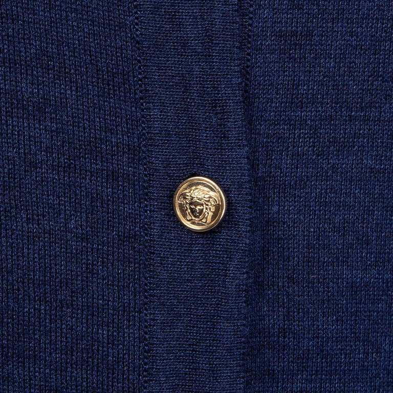 VERSACE navy blue cashmere and silk BUTTON FRONT CREWNECK Cardigan ...