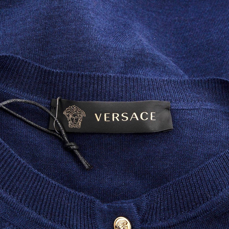 VERSACE navy blue cashmere and silk BUTTON FRONT CREWNECK Cardigan ...