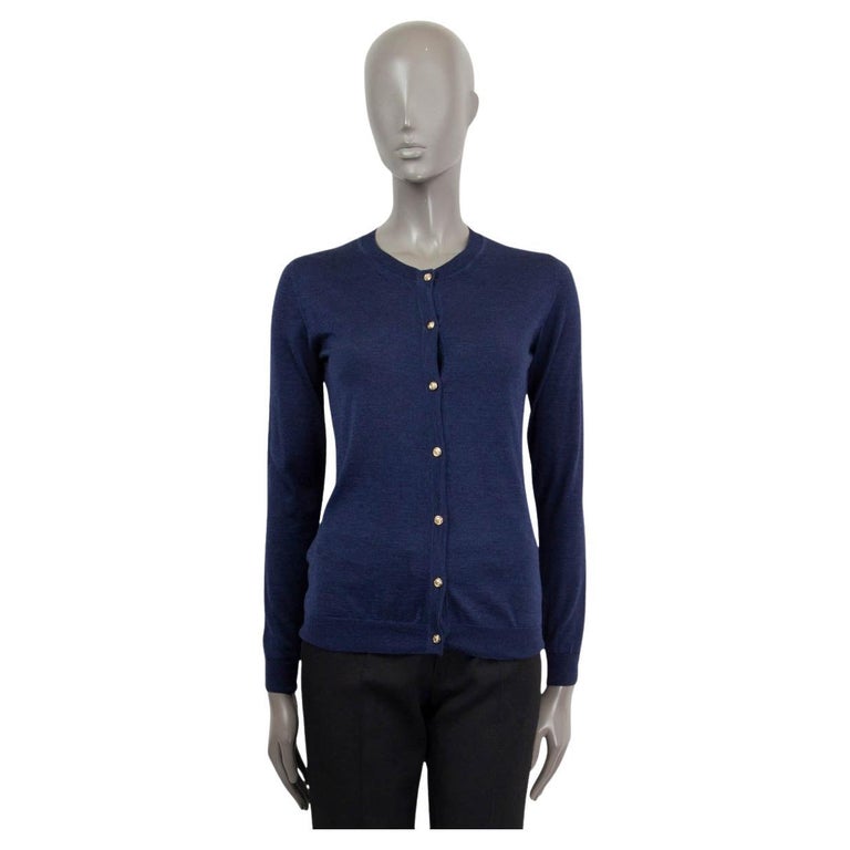 VERSACE navy blue cashmere and silk BUTTON FRONT CREWNECK Cardigan ...