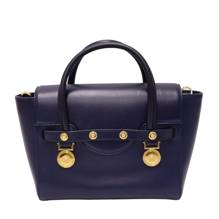Versace Navy Medusa Medallion Leather Handle Bag For Sale at 1stDibs