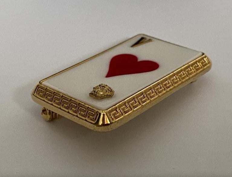 Versace Of Hearts Playing Card Gold Tone Metal Medusa and White Enamel ...