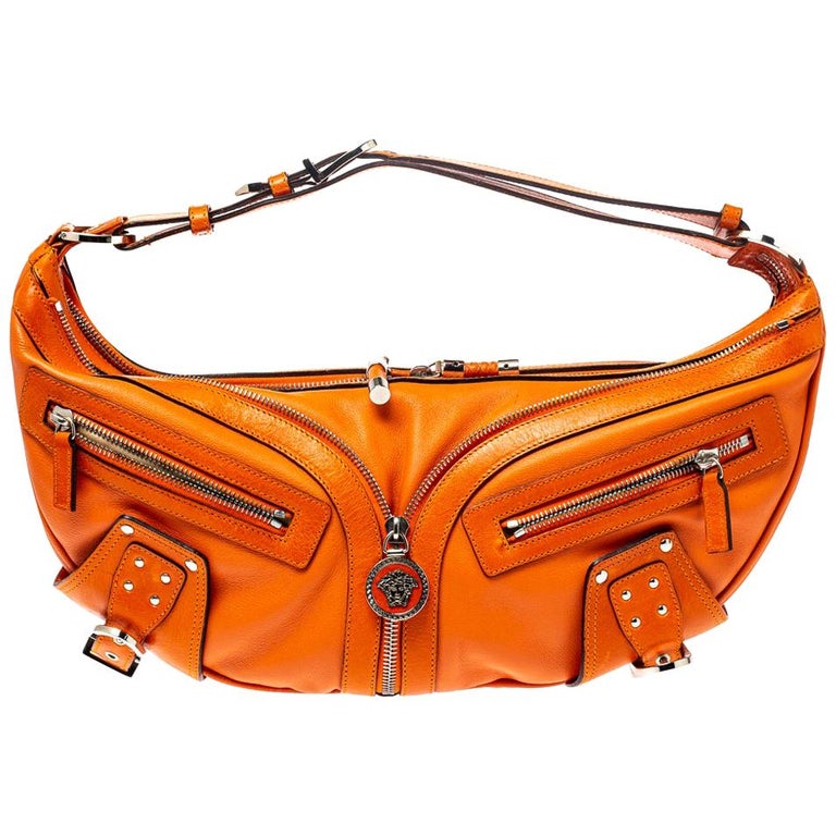 Versace Orange Leather Double Pocket Zip Hobo at 1stDibs