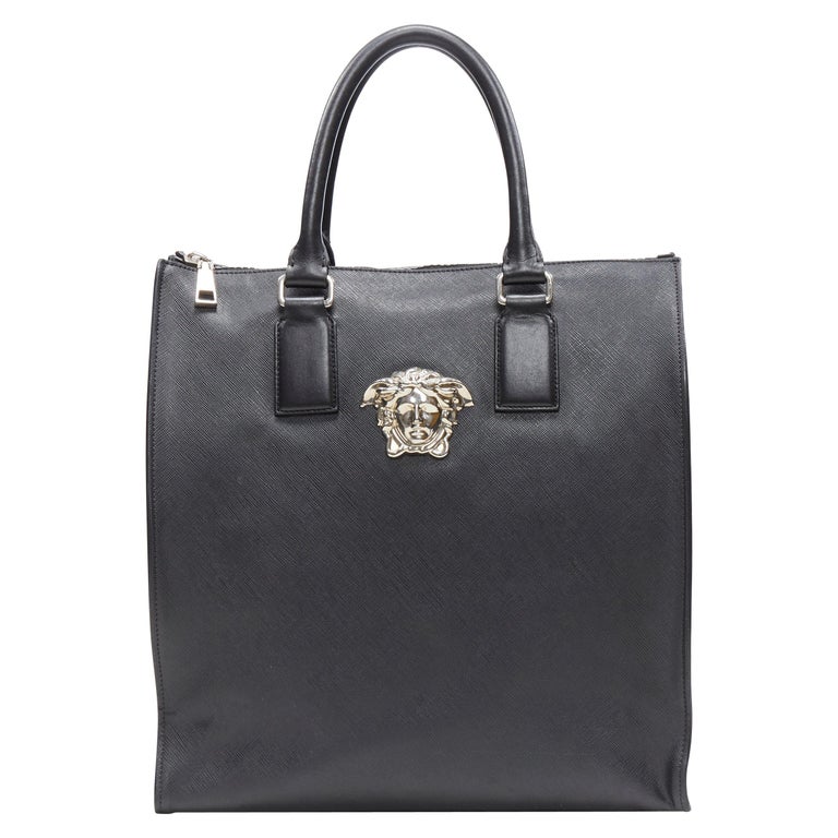 VERSACE Palazzo silver Medusa charm black PVC top zip rectangular tote ...