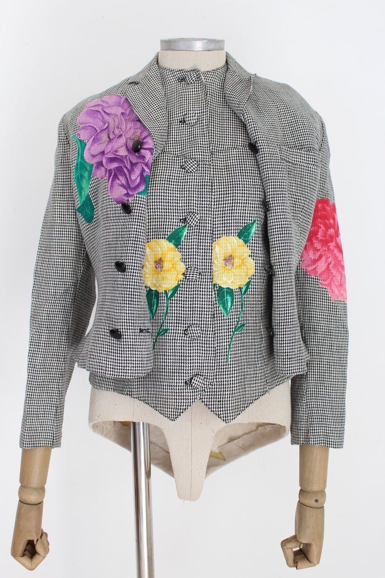 Versace Pied de Poule Floral Vintage Vest and Jacket 80s For Sale at ...