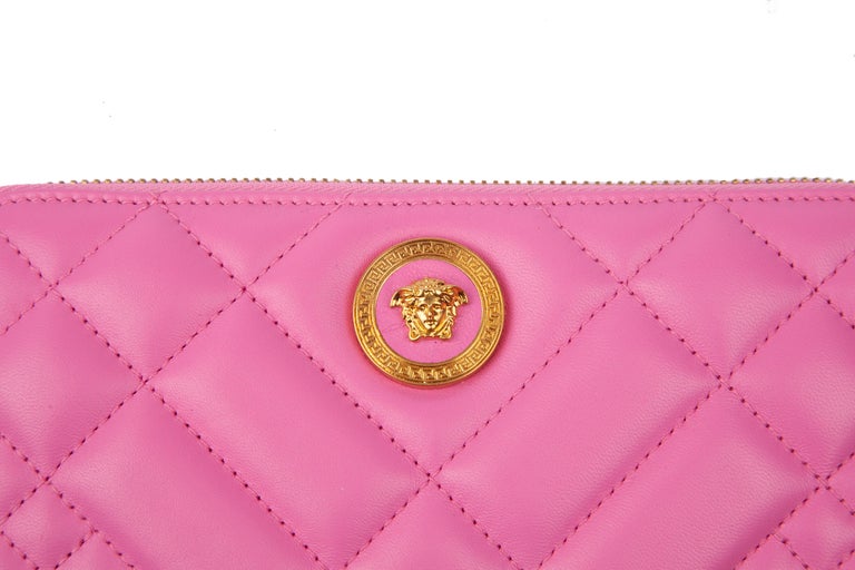 Versace Pink Quilted Icon Zip Around Leather Wallet w/ Gold Tone Medusa ...