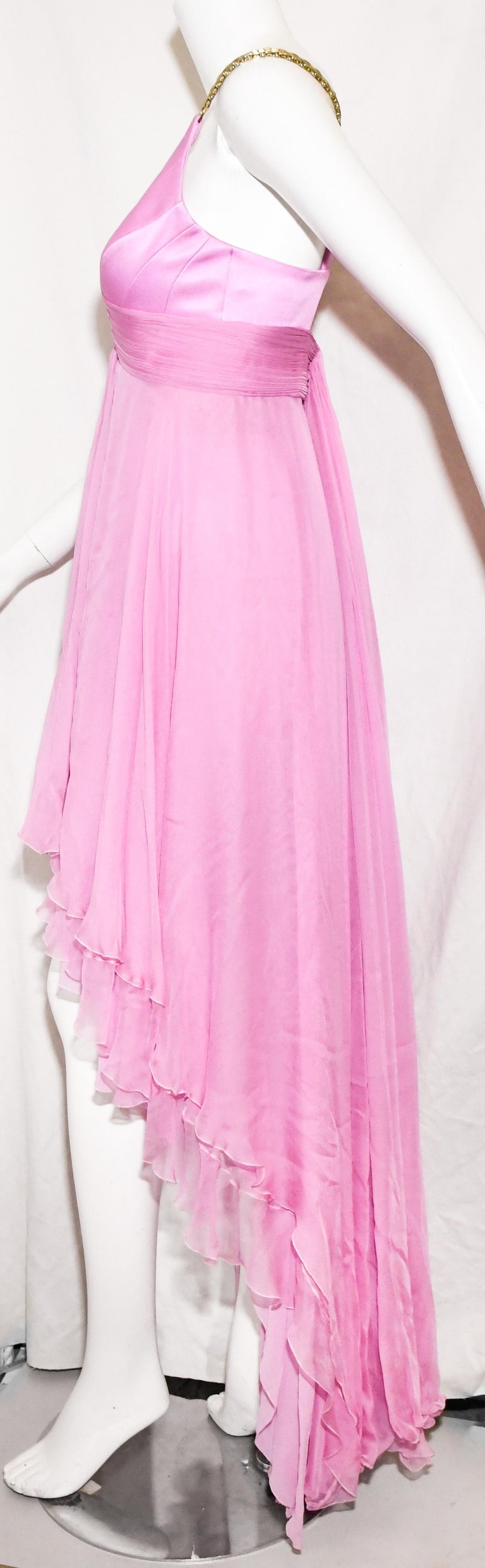 Versace Pink Silk Chiffon Evening Dress With Gold Tone Versace Chain ...