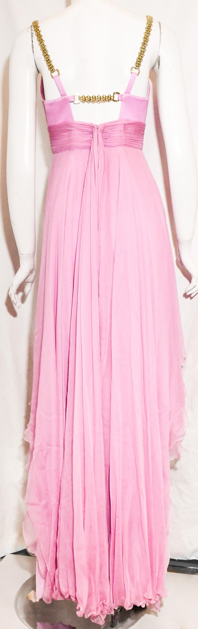 Versace Pink Silk Chiffon Evening Dress With Gold Tone Versace Chain ...