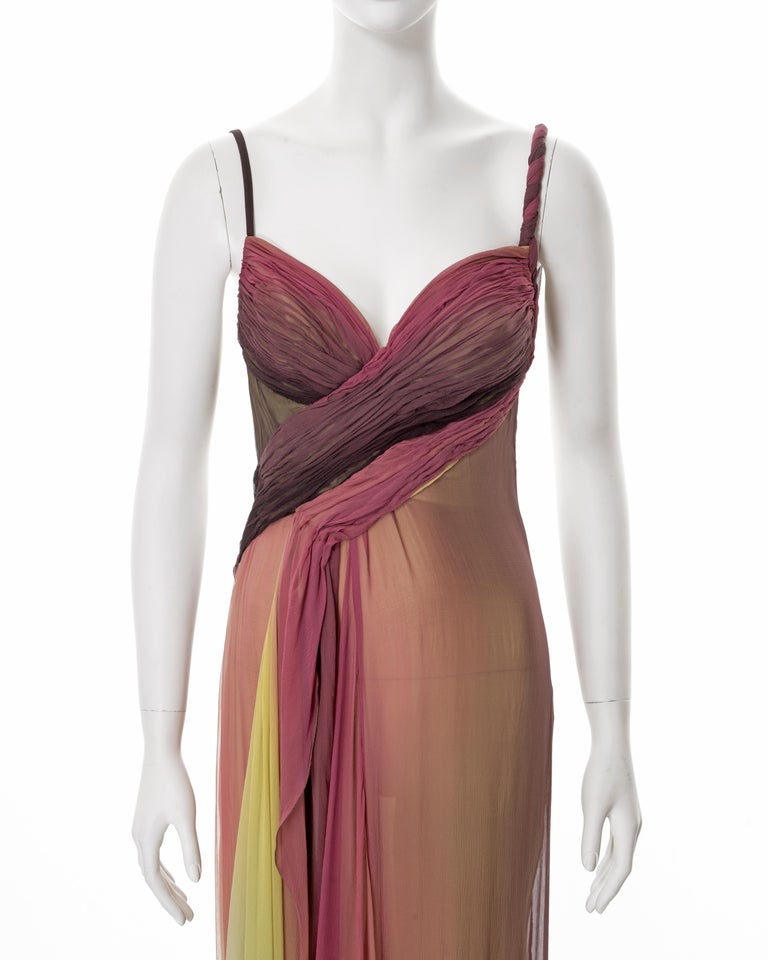 Versace plum and chartreuse ombré pleated silk chiffon evening dress ...