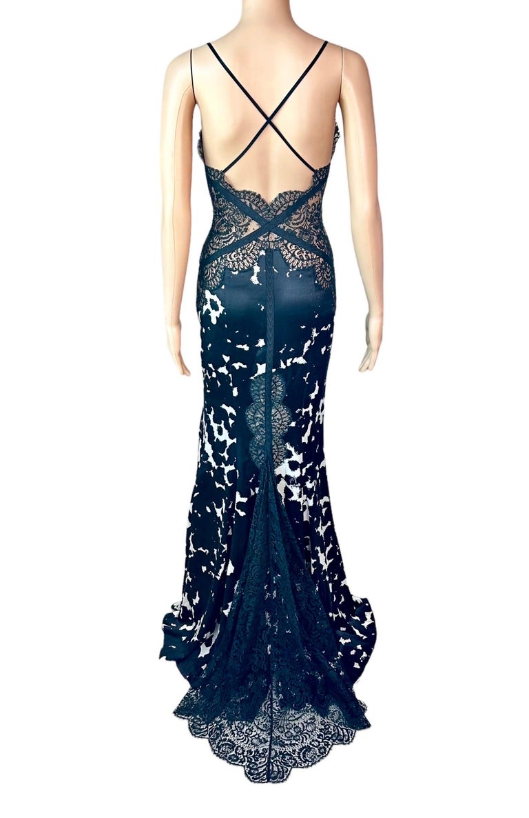 Versace Plunged Sheer Lace Panels Backless Train Evening Dress Gown For ...