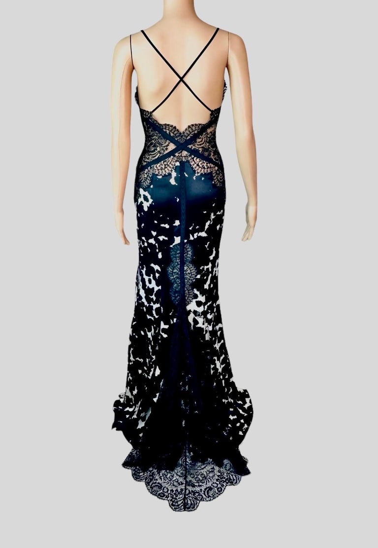 Versace Plunged Sheer Lace Panels Backless Train Evening Dress Gown For ...