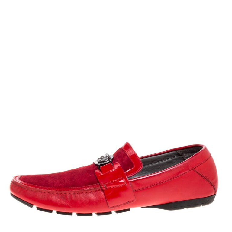Versace Red Leather and Suede Medusa Detail Slip On Loafers Size 45 For ...
