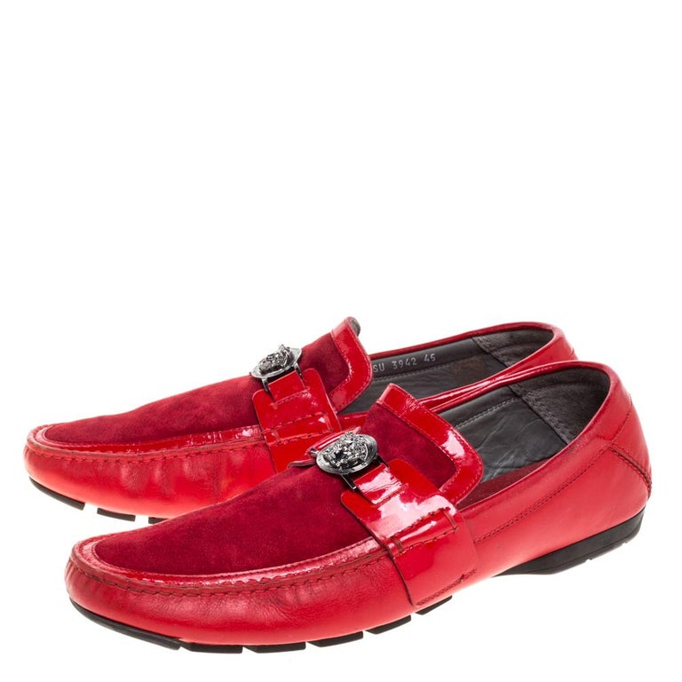 Versace Red Leather and Suede Medusa Detail Slip On Loafers Size 45 For ...