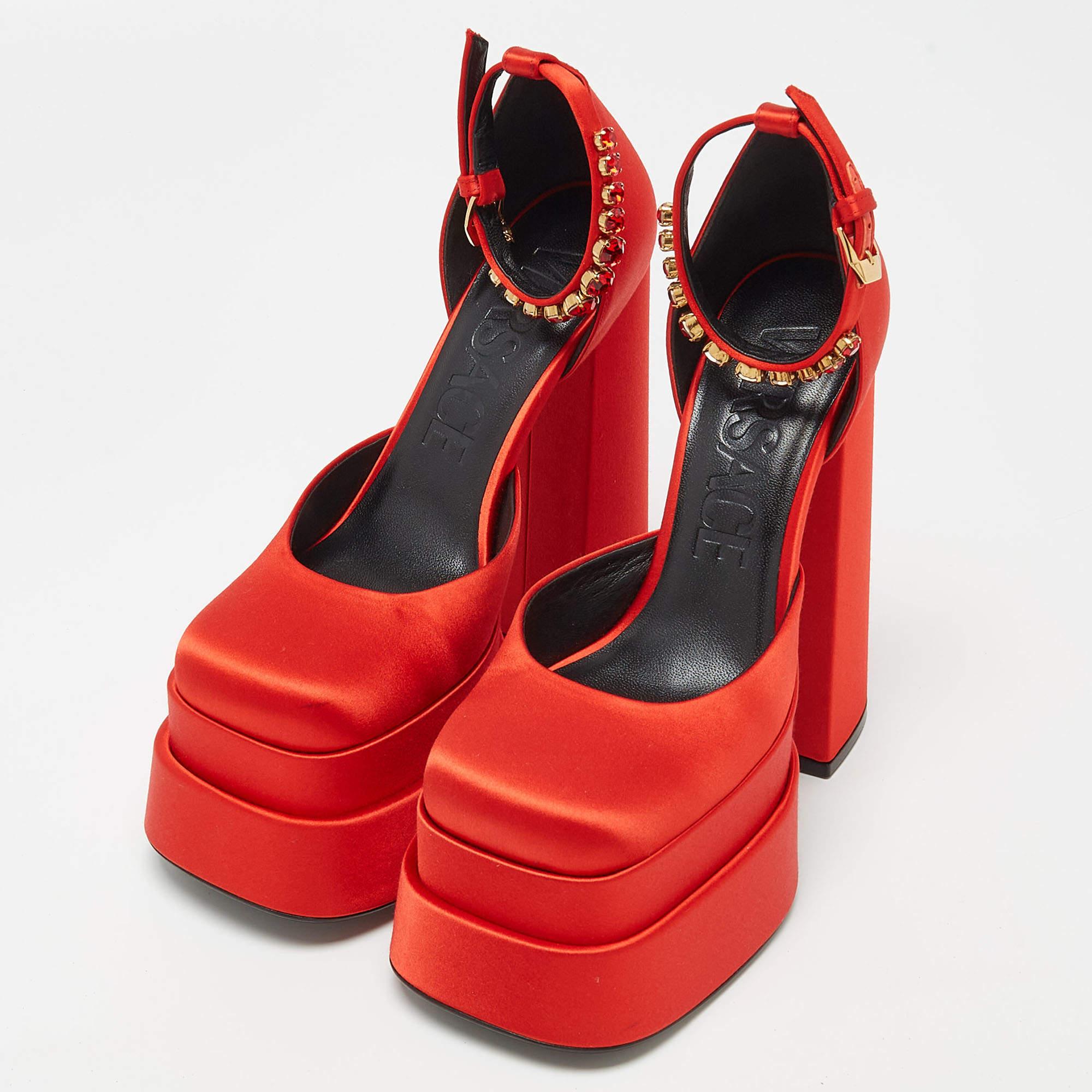 Versace Red Satin Crystal Embellished Platform Block Heel Ankle Strap ...