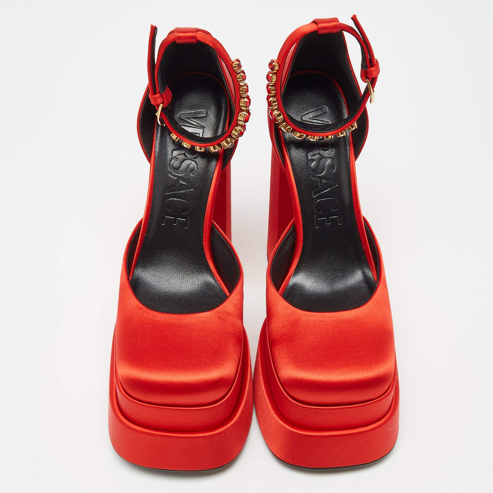Versace Red Satin Crystal Embellished Platform Block Heel Ankle Strap ...