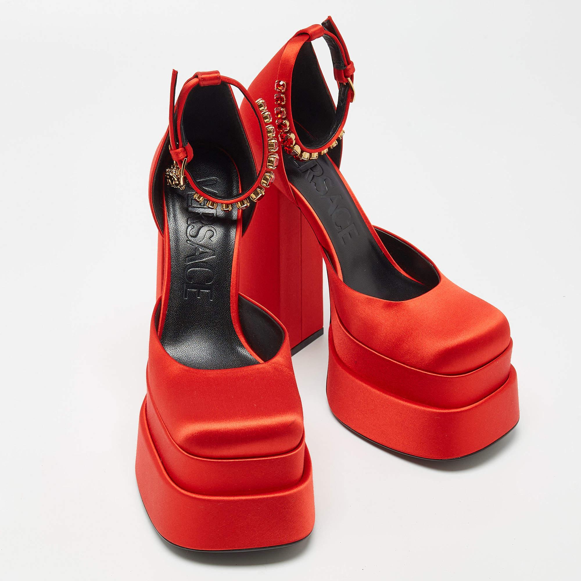 Versace Red Satin Crystal Embellished Platform Block Heel Ankle Strap ...