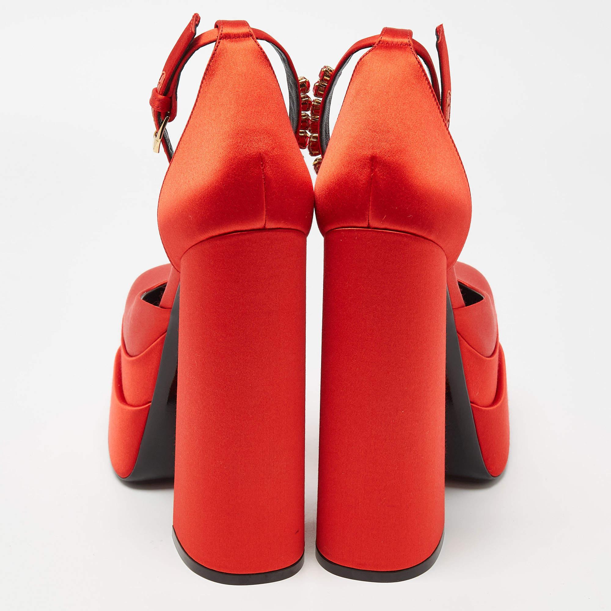 Versace Red Satin Crystal Embellished Platform Block Heel Ankle Strap ...