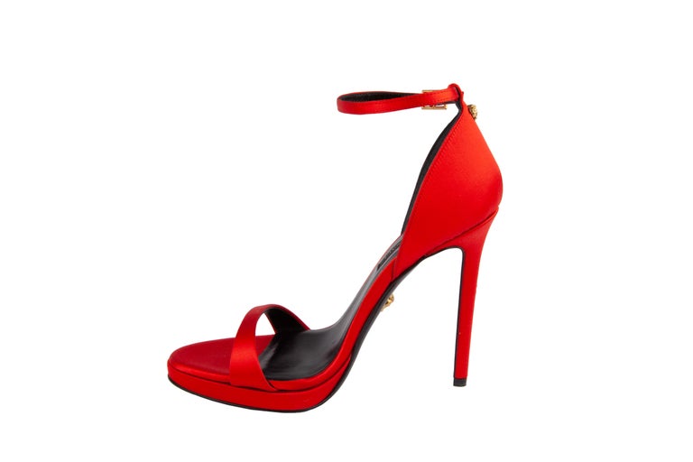 Versace Red Satin Heels with Gold Tone Hardware Size 38 at 1stDibs