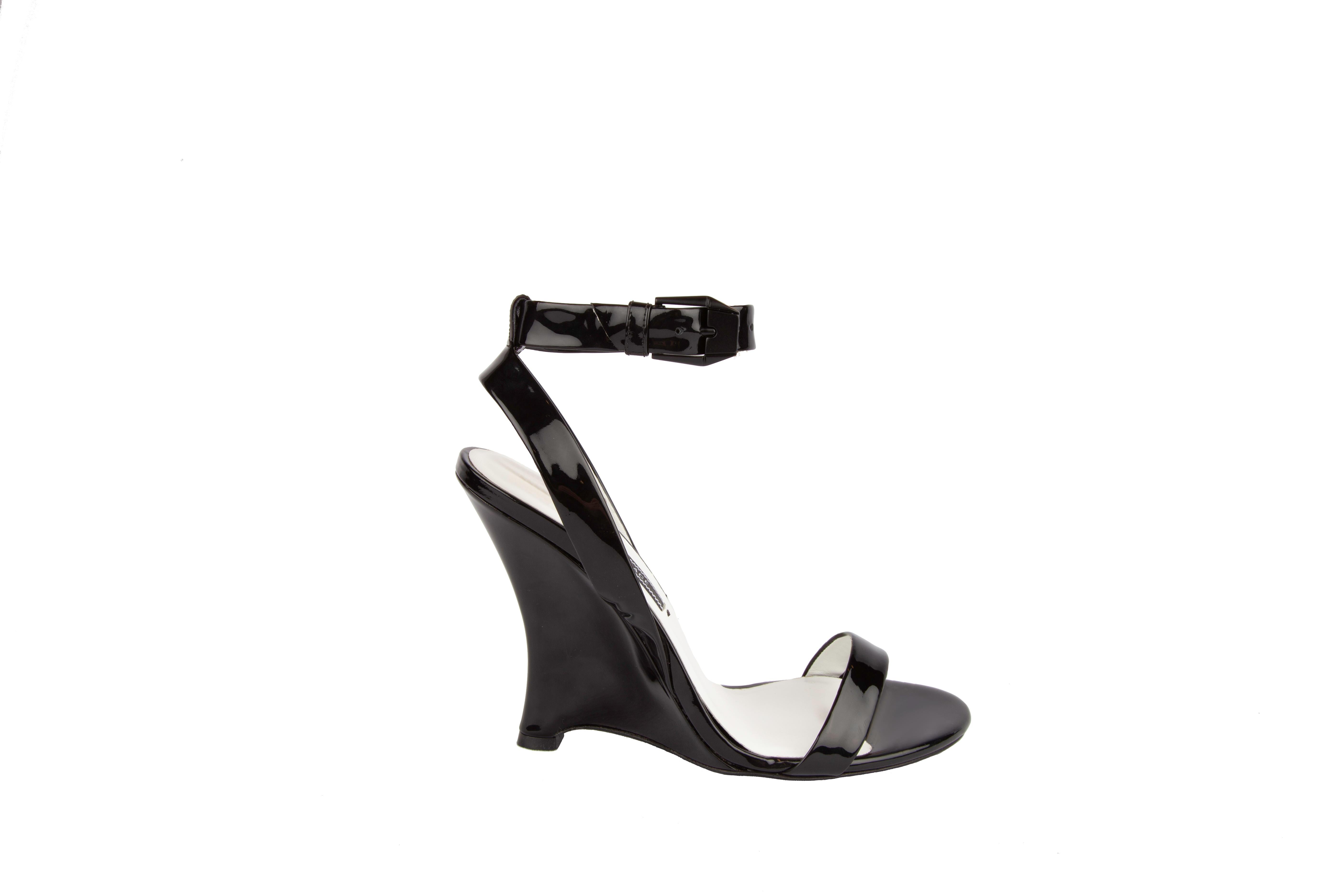 Versace Resort 2019 Black Patent Strap Wedge with Removable Flower Size ...