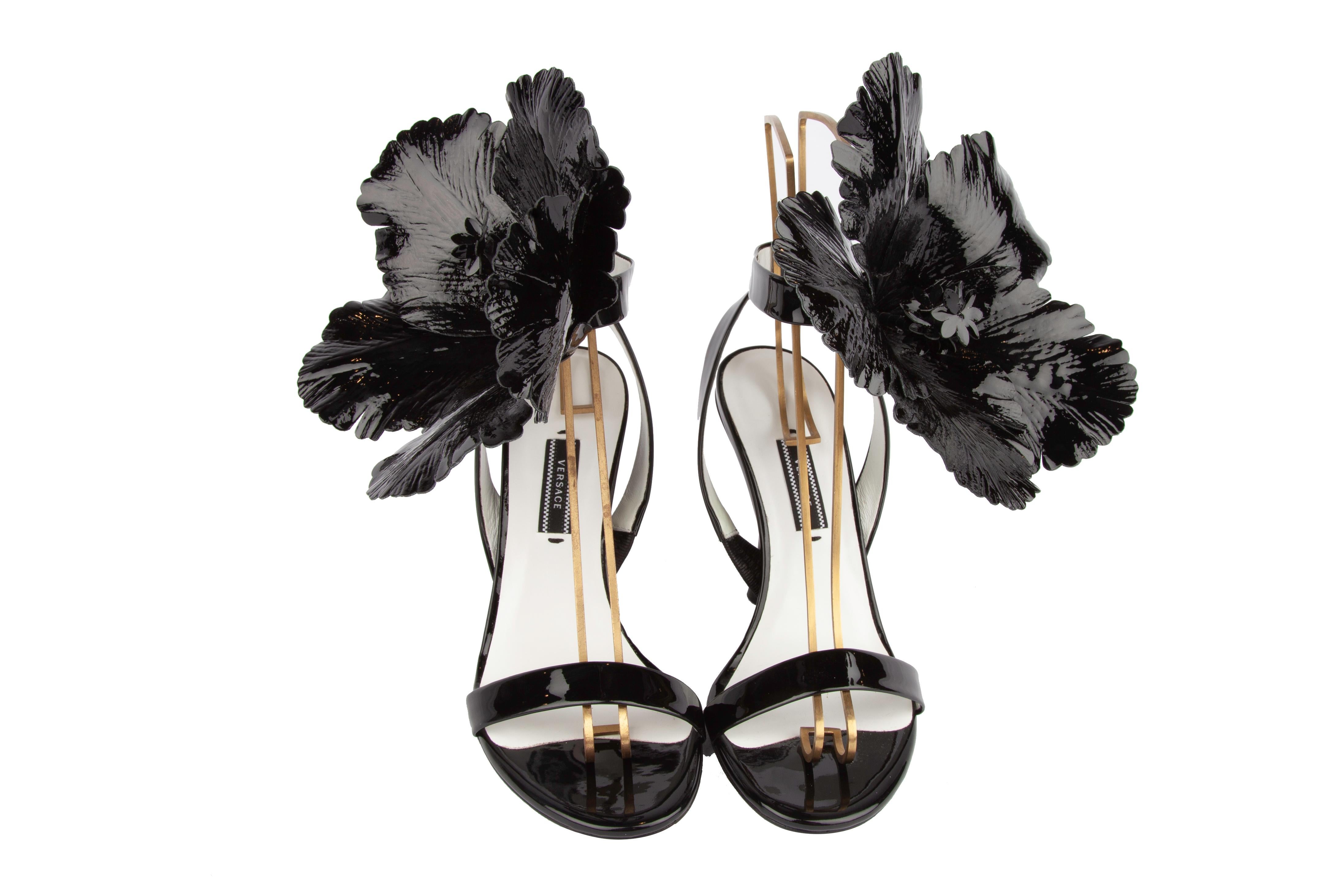 Versace Resort 2019 Black Patent Strap Wedge with Removable Flower Size ...