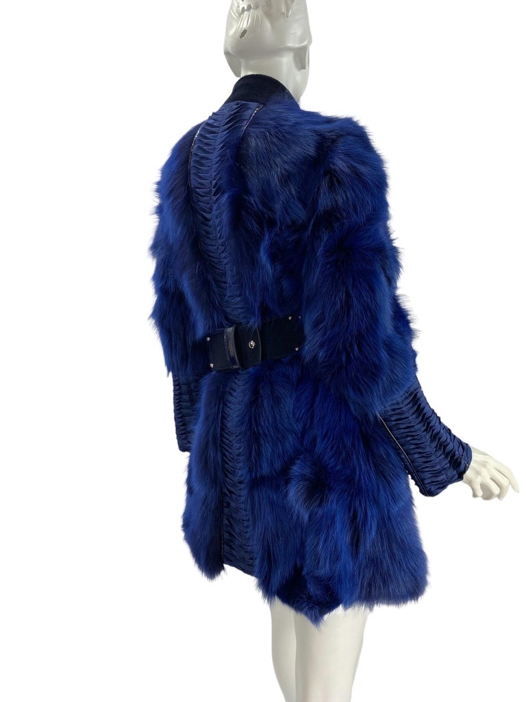 Versace Runway Blue Fox Fur Silk Coat Jacket with Belt Italian 40 For ...