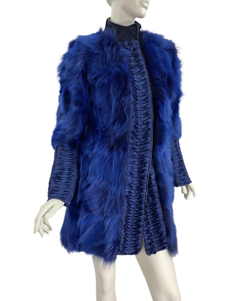 Versace Runway Blue Fox Fur Silk Coat Jacket with Belt Italian 40 For ...