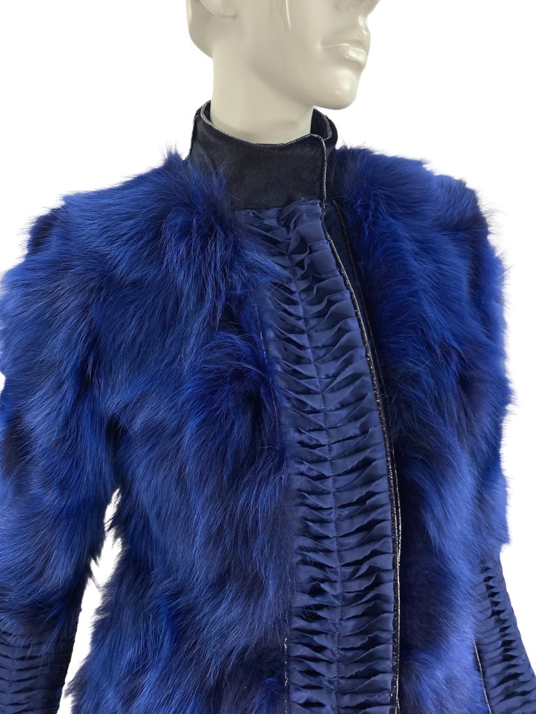 Versace Runway Blue Fox Fur Silk Coat Jacket with Belt Italian 40 For ...
