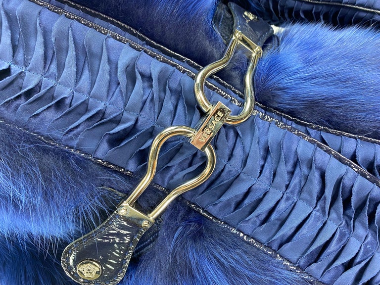 Versace Runway Blue Fox Fur Silk Coat Jacket with Belt Italian 40 For ...