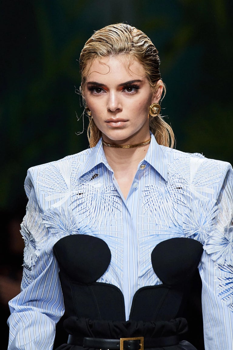 Versace Runway Blue Stripe Cotton Button Down Shirt Seen On Kendall ...