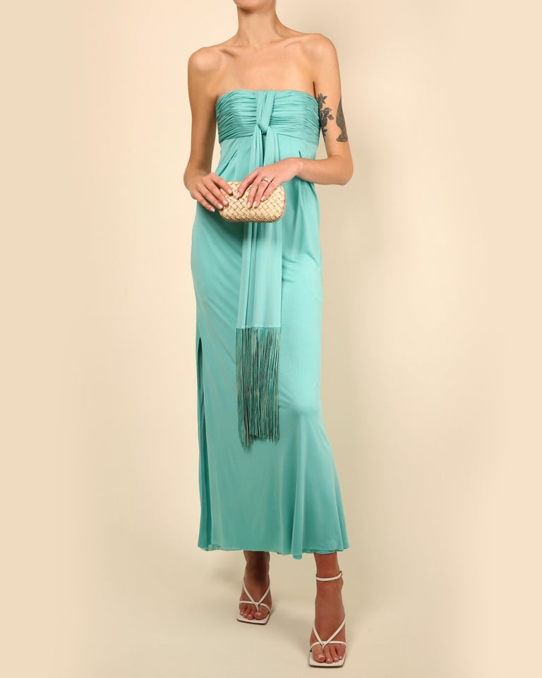 Versace S/S 08 turquoise strapless tassel fringe corset bustier midi ...