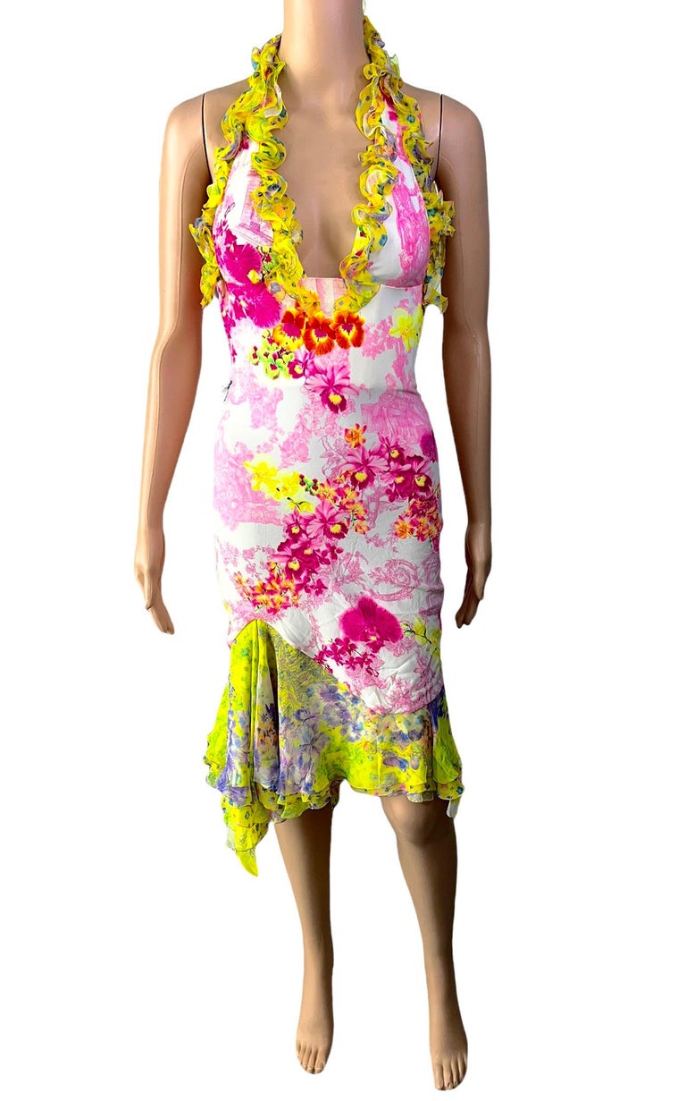 Versace S/S 2004 Runway Floral Print Ruffle Plunging Neckline Low Back ...