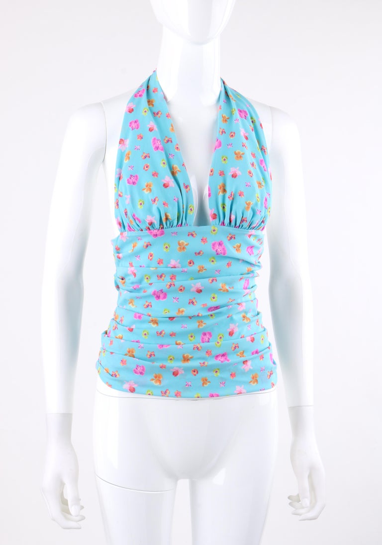 VERSACE S/S 2004 Turquoise Orchid Floral Print Plunge Neckline Ruched ...