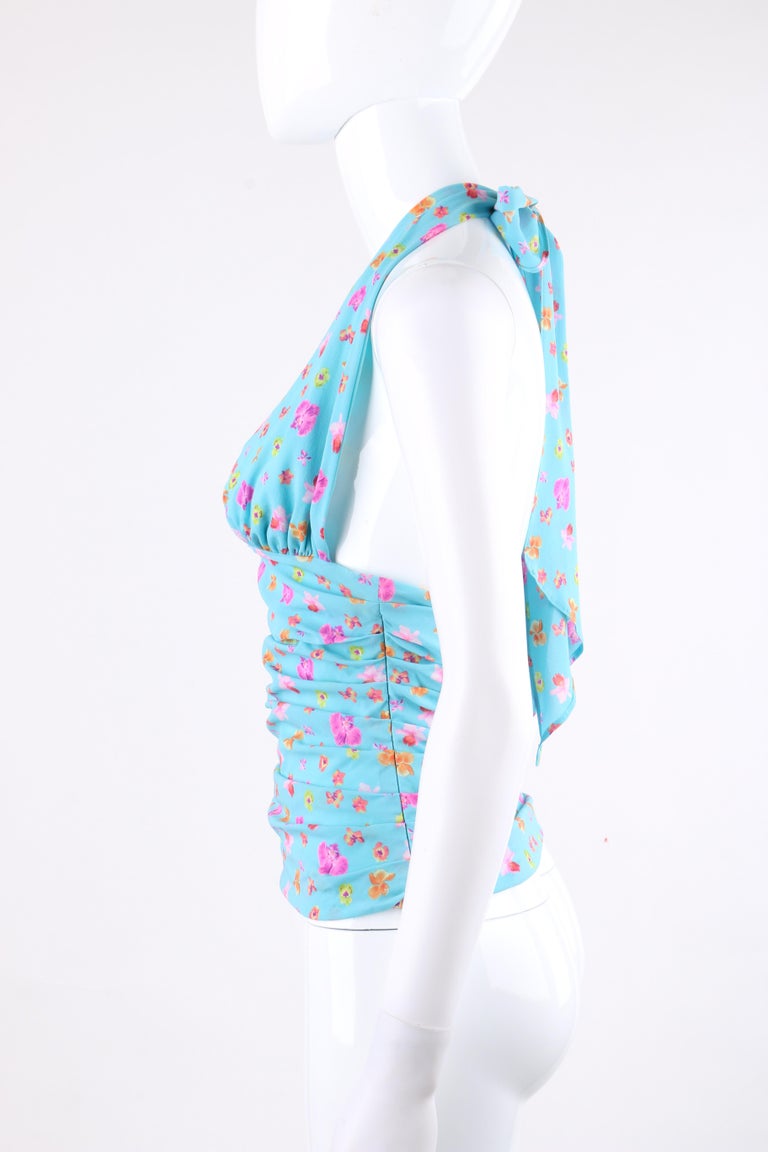 VERSACE S/S 2004 Turquoise Orchid Floral Print Plunge Neckline Ruched ...