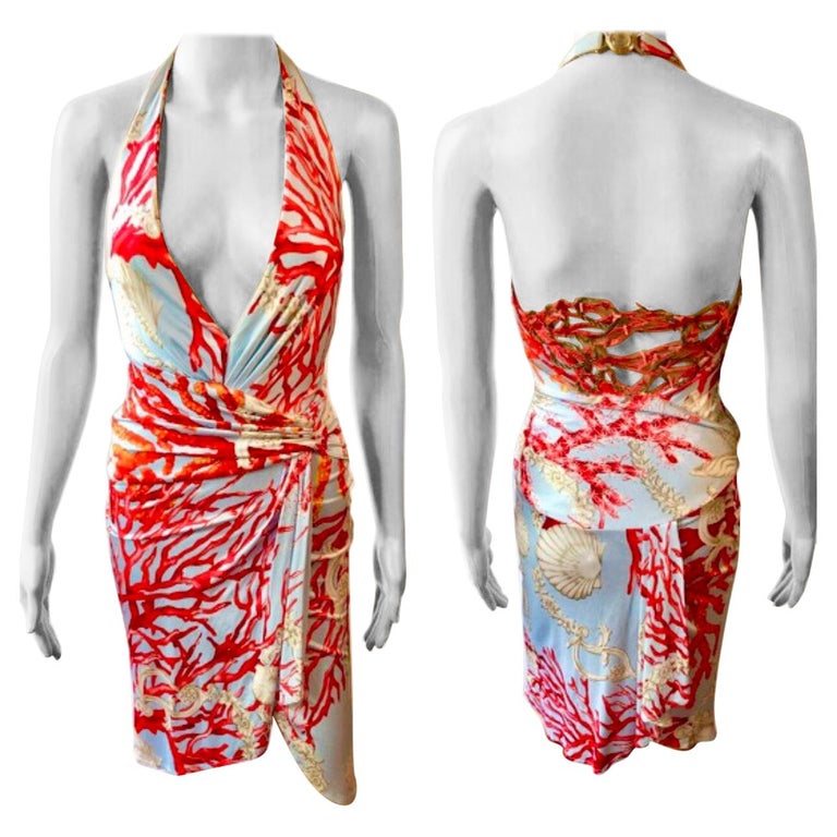 Versace S/S 2005 Embellished Seashell Print Plunged Open Back Dress at ...