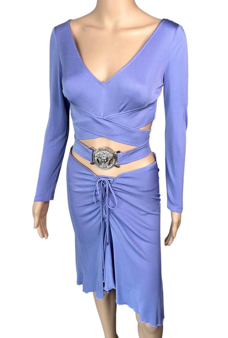 Versace S/S 2005 Logo Embellished Belted Wrap Crop Top and Skirt 2 ...