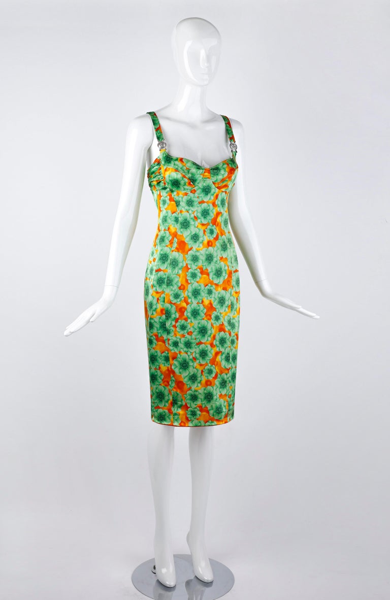 Versace Silk Floral Print Pop Art Medusa Coin Strap Bustier Bodycon ...