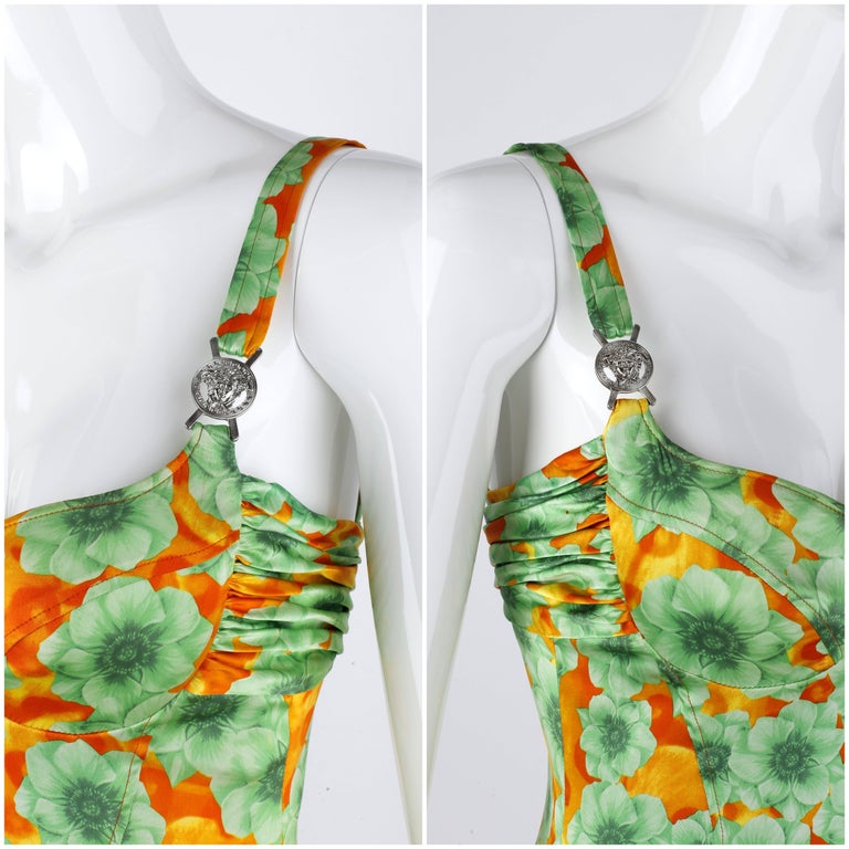 Versace Silk Floral Print Pop Art Medusa Coin Strap Bustier Bodycon ...