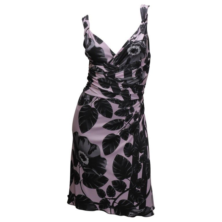 Versace Size 44 Silk Lavender and Black Floral Printed Dress at 1stDibs