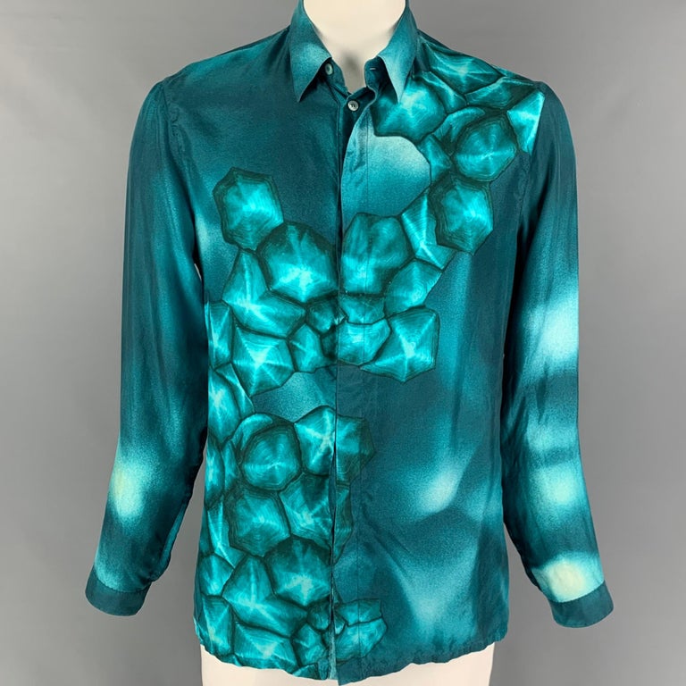 VERSACE Size M Green Print Silk Hidden Placket Long Sleeve Shirt For ...