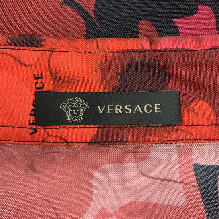 VERSACE Size M Red Pink and Black Floral Print Silk Long Sleeve Shirt ...