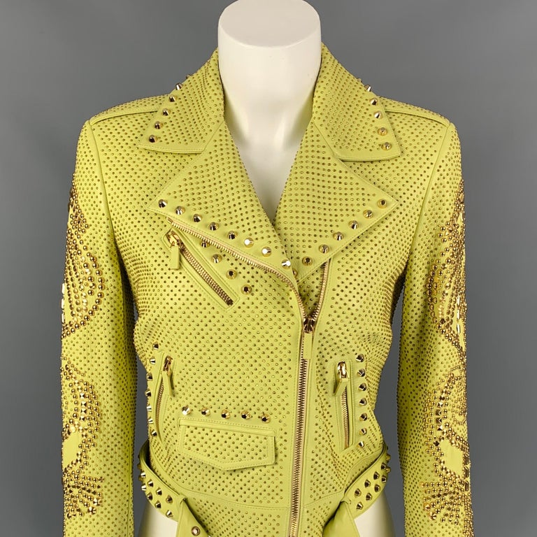 VERSACE Spring 2012 Size 2 Yellow and Gold Studded Leather Biker Jacket ...