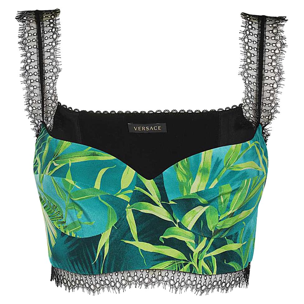 Versace Spring 2020 Green Verde Jungle Print Black Lace Bralette Top ...