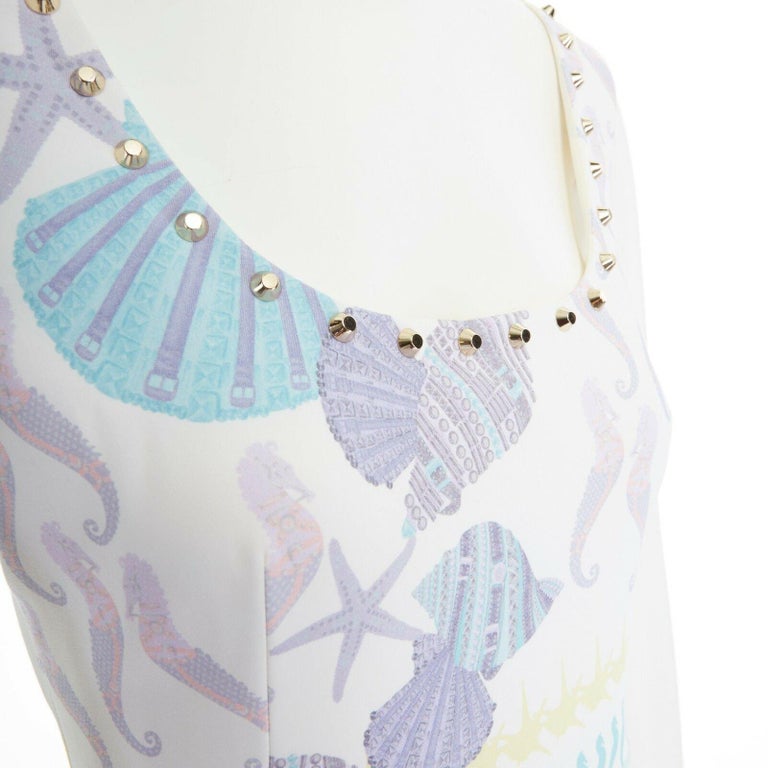 VERSACE SS12 white seashell print gold studded scoop neck sheath dress ...