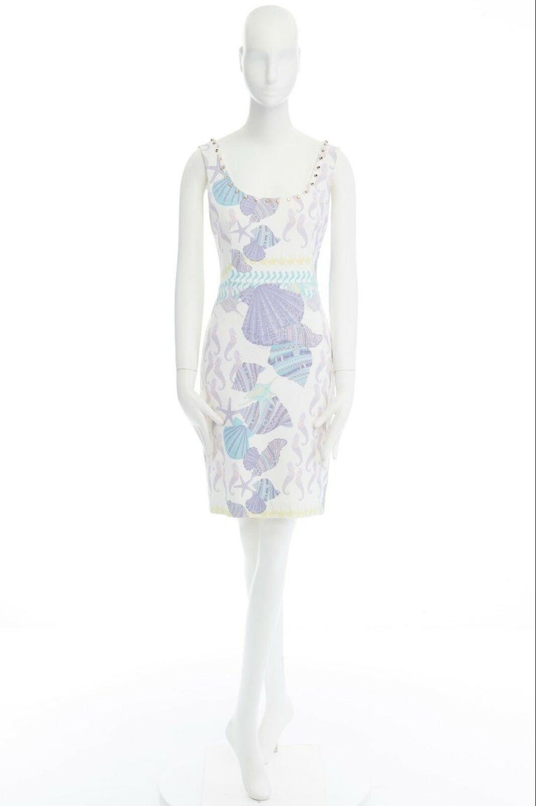 VERSACE SS12 white seashell print gold studded scoop neck sheath dress ...