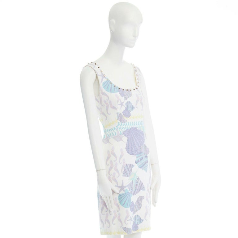 VERSACE SS12 white seashell print gold studded scoop neck sheath dress ...